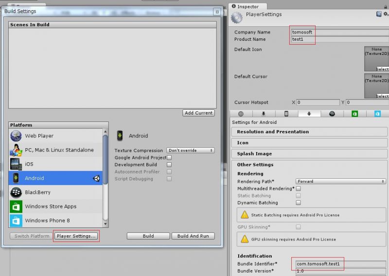 Unity で Bundle Identifier の設定とアンドロイド端末での実行 | TomoSoft